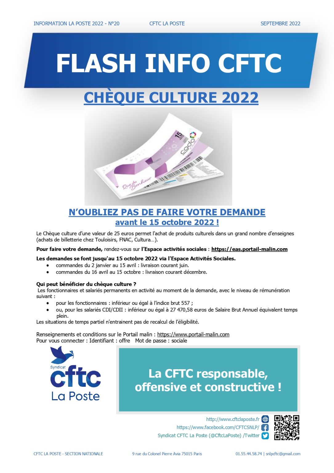 CHÈQUE CULTURE 2022 – CFTC LA POSTE