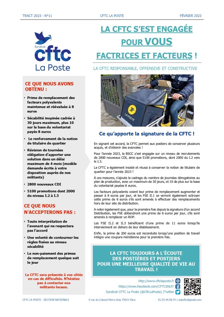 LA CFTC S’EST ENGAGÉEPOUR VOUSFACTRICES ET FACTEURS ! – CFTC LA POSTE