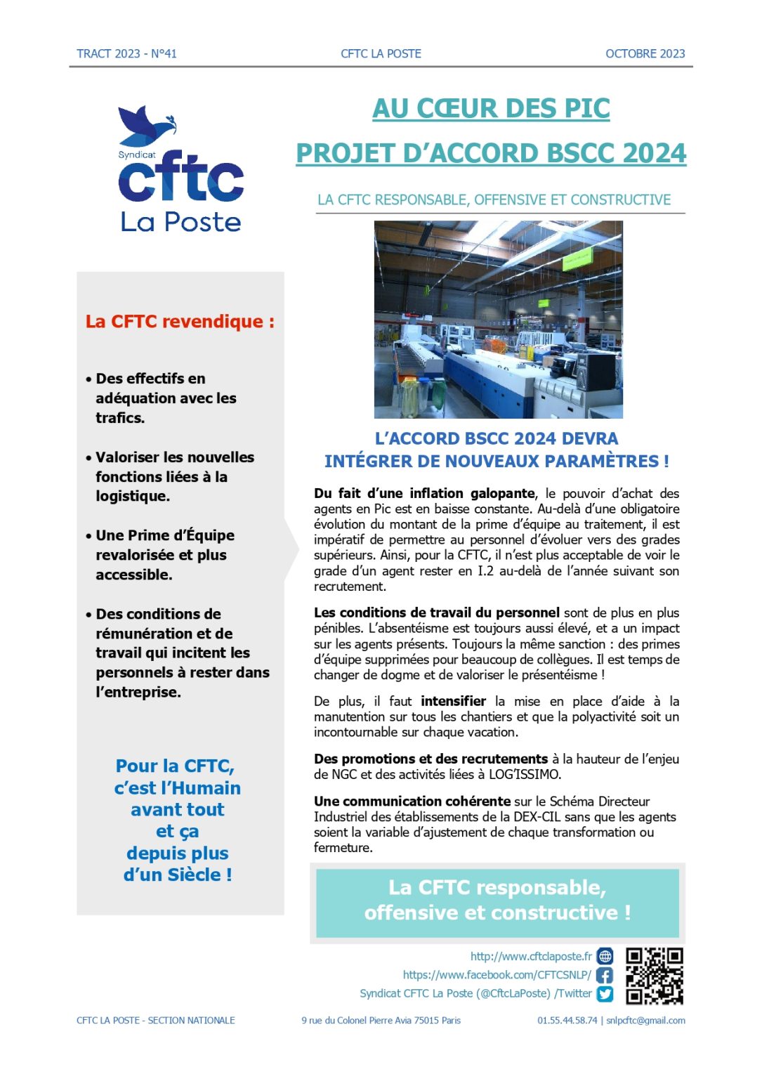 AU CŒUR DES PIC : PROJET D’ACCORD BSCC 2024 – CFTC LA POSTE