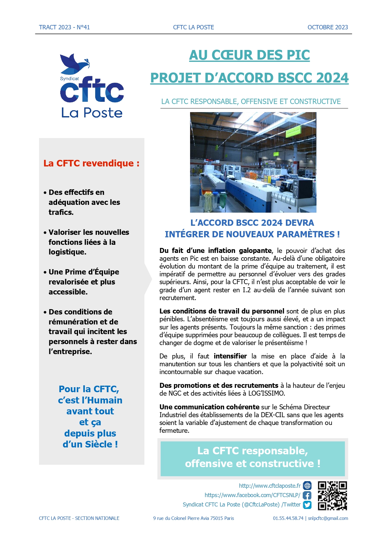 AU CŒUR DES PIC : PROJET D’ACCORD BSCC 2024 – CFTC LA POSTE