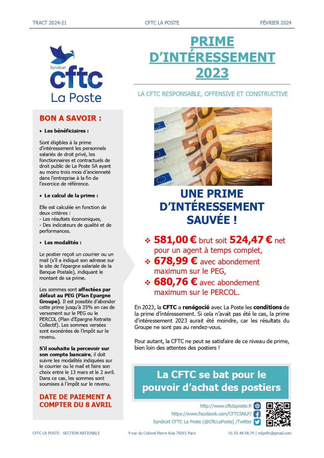 PRIME D’INTÉRESSEMENT 2023 – CFTC LA POSTE