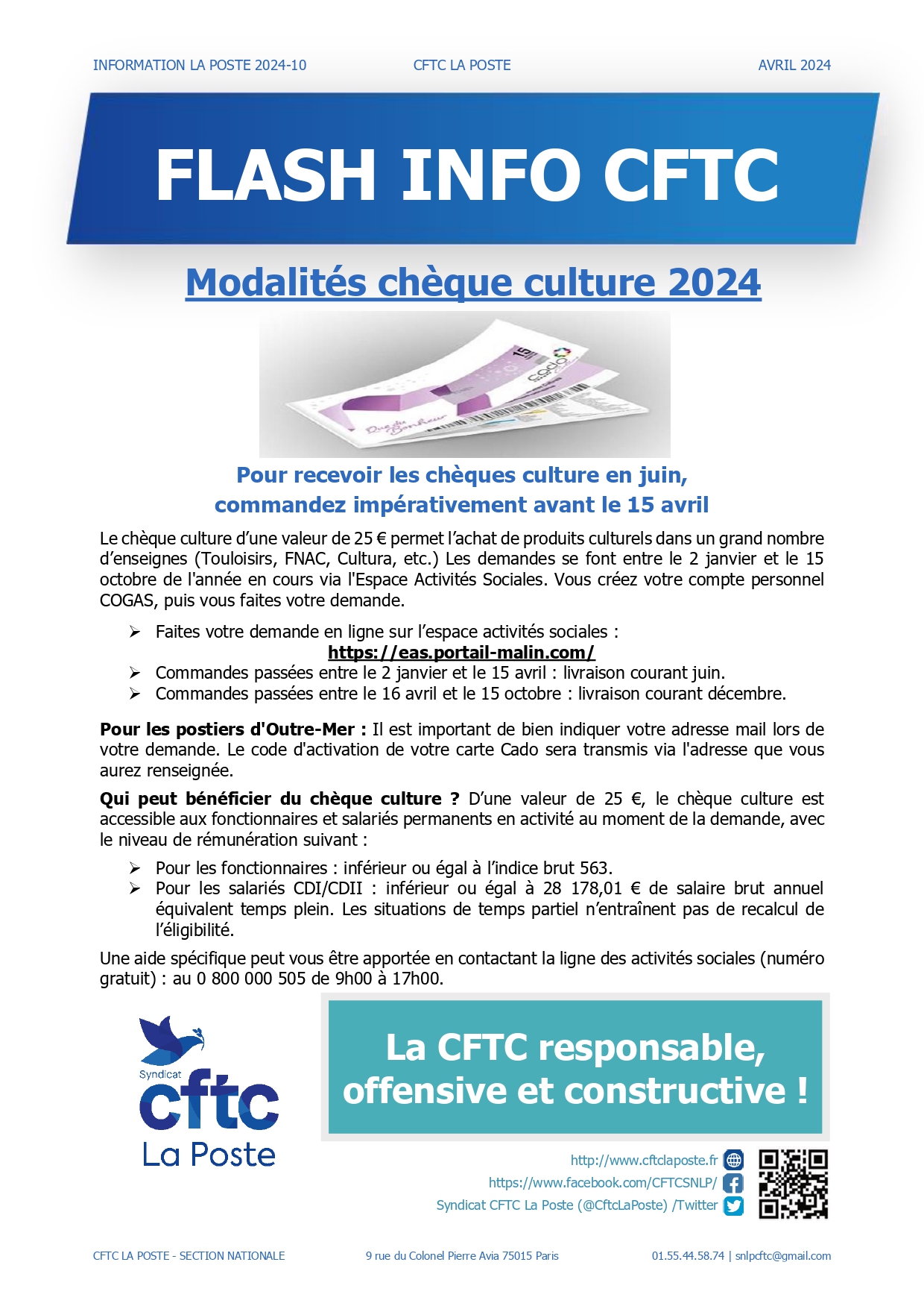 MODALITES CHEQUE CULTURE 2024 – CFTC LA POSTE
