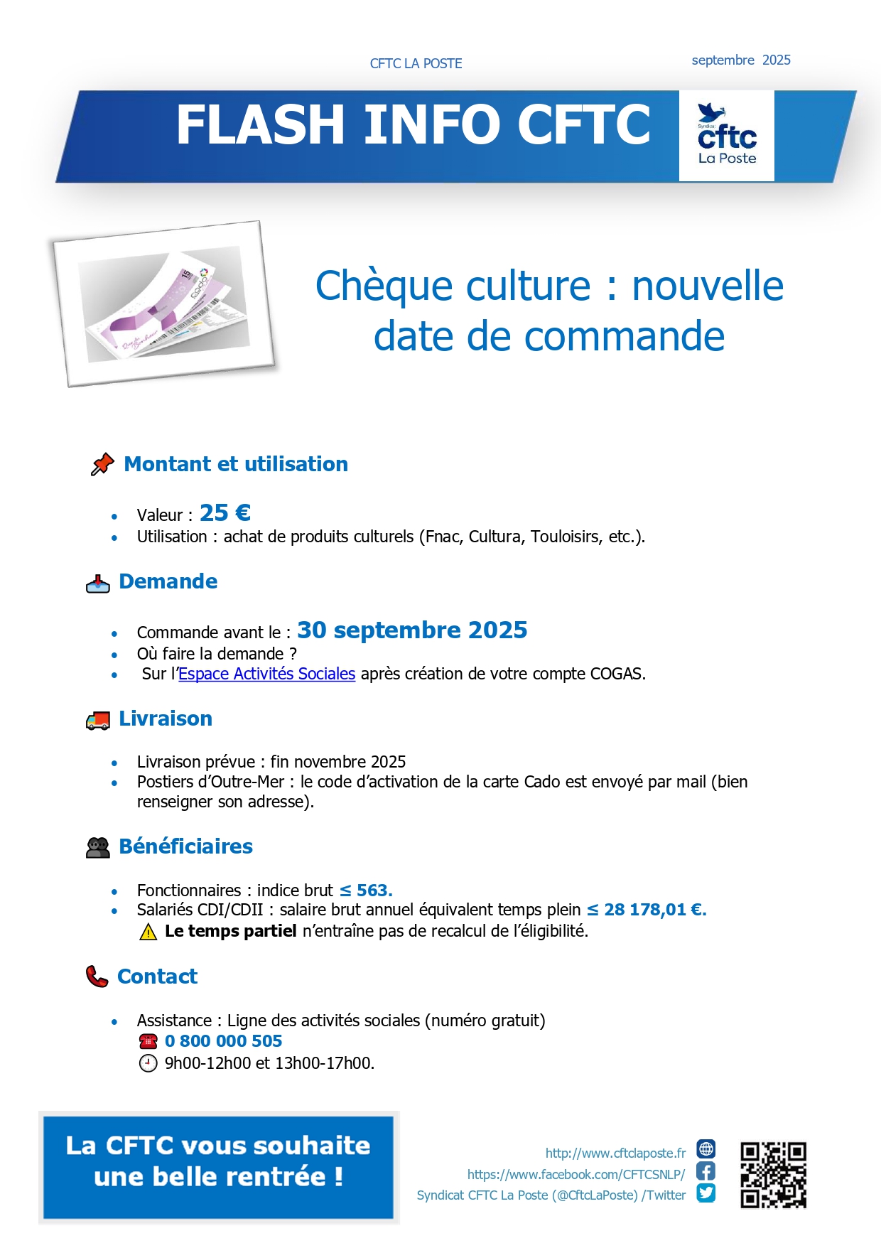 Modalités chèque culture 2025 – CFTC LA POSTE